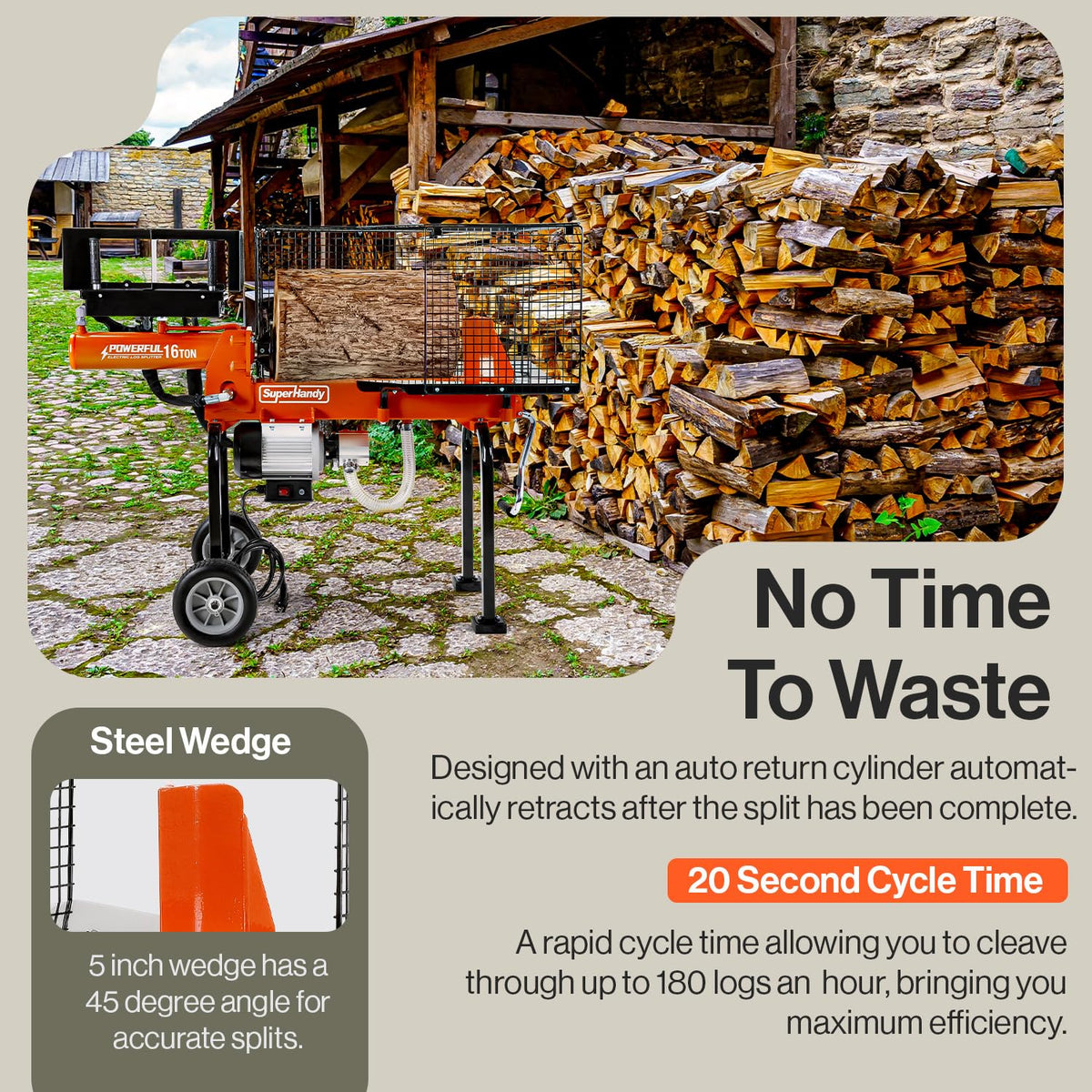 SuperHandy Electric Log Splitter Portable 16Ton 500mm Log Length 2-Sta ...